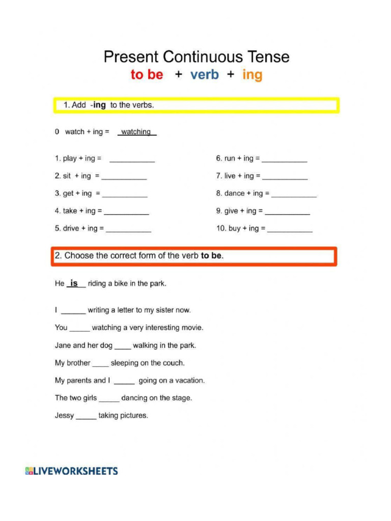 Present Continuous Exercises Web Live Work Sheets | PDF