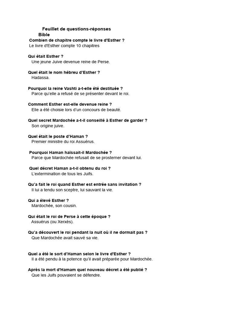 Questions-Réponses sur la Bible et la Société | PDF | Esther (Bible ...