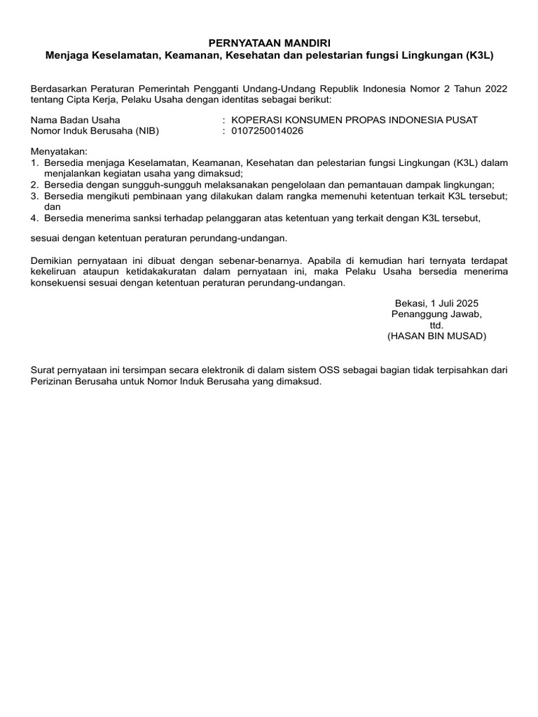 Pernyataan K3L Koperasi Propas Indonesia | PDF
