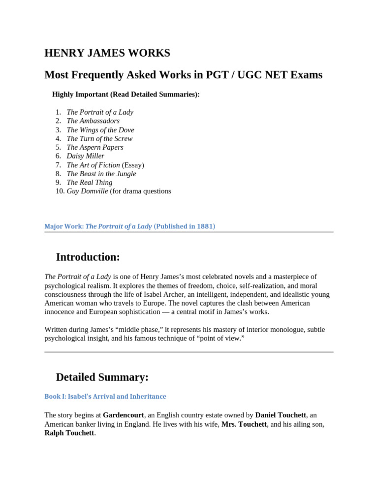 Henry James Works for PGT/UGC NET Exams | PDF | The Portrait Of A Lady ...