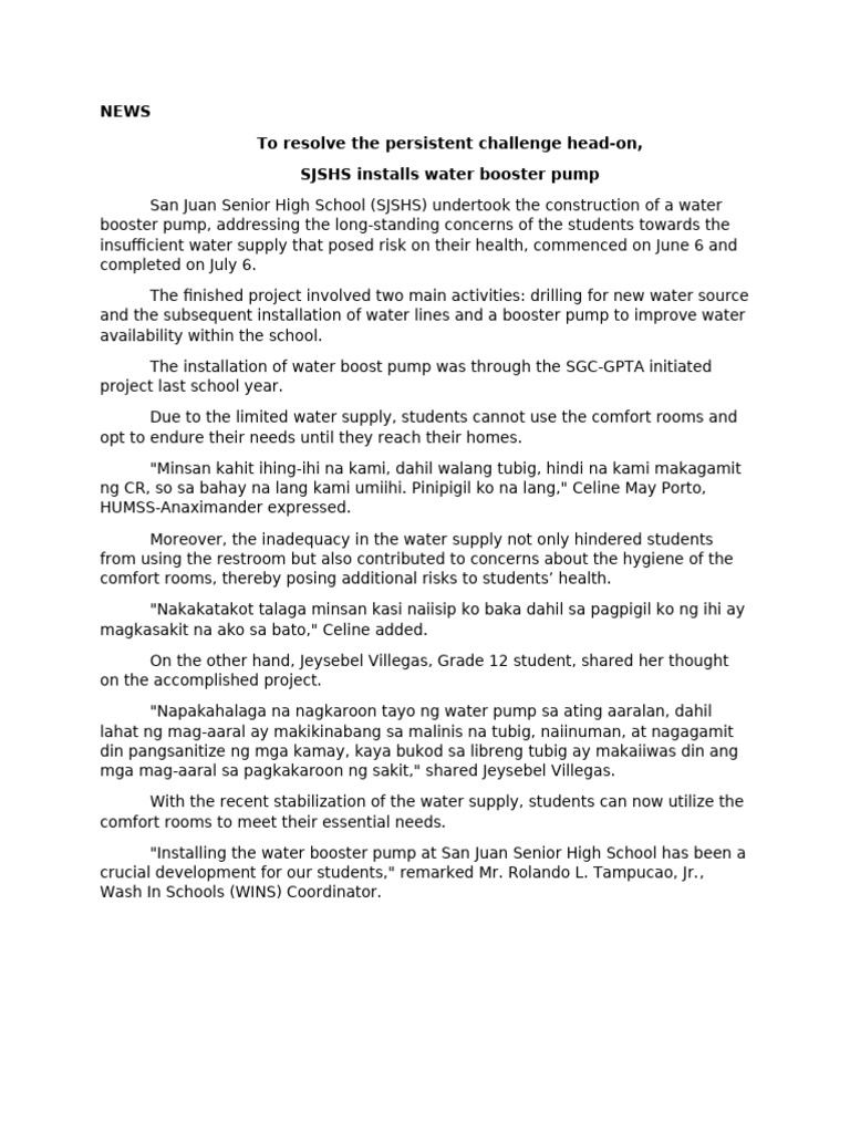 SJSHS Installs Water Booster Pump | PDF