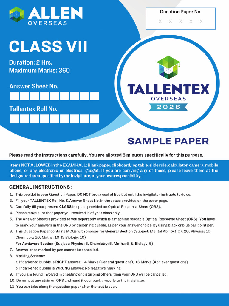 Tallentex Sample Paper Unsolved | PDF | Alphabet | Word