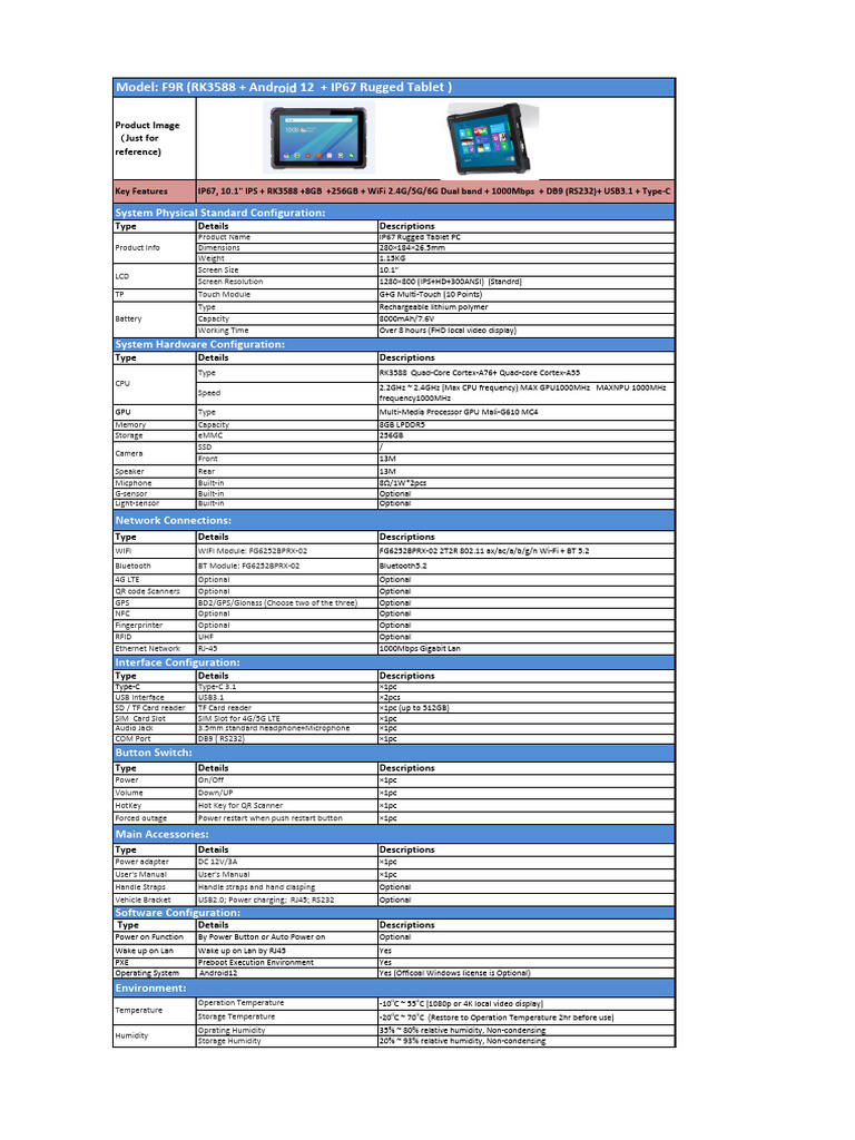 10.1 Inch F9R Specification | PDF | Wi Fi | Tablet Computer