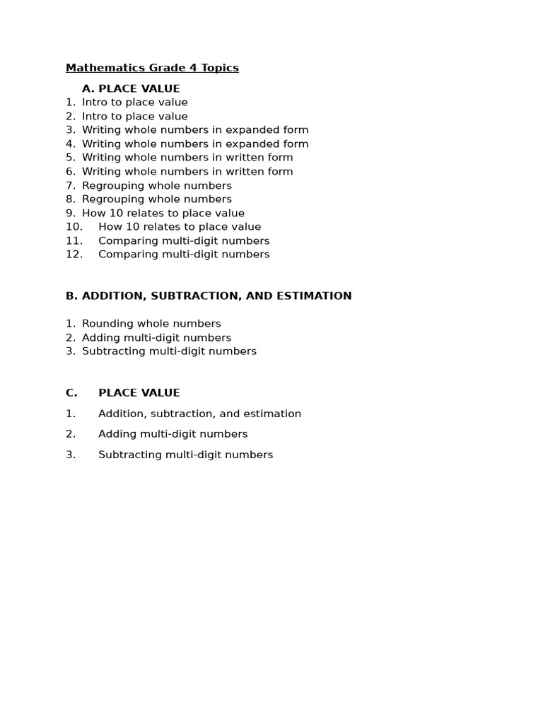Mathematics Grade 4 Topics | PDF