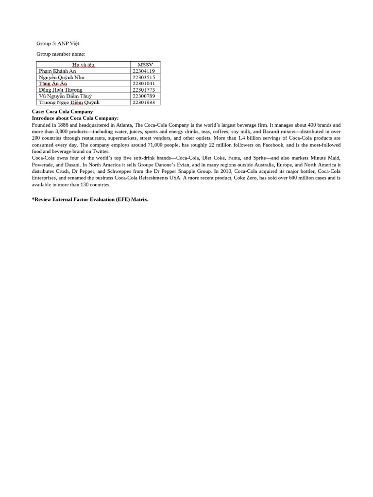 Coca-Cola Company EFE Matrix Analysis | PDF | The Coca Cola Company ...