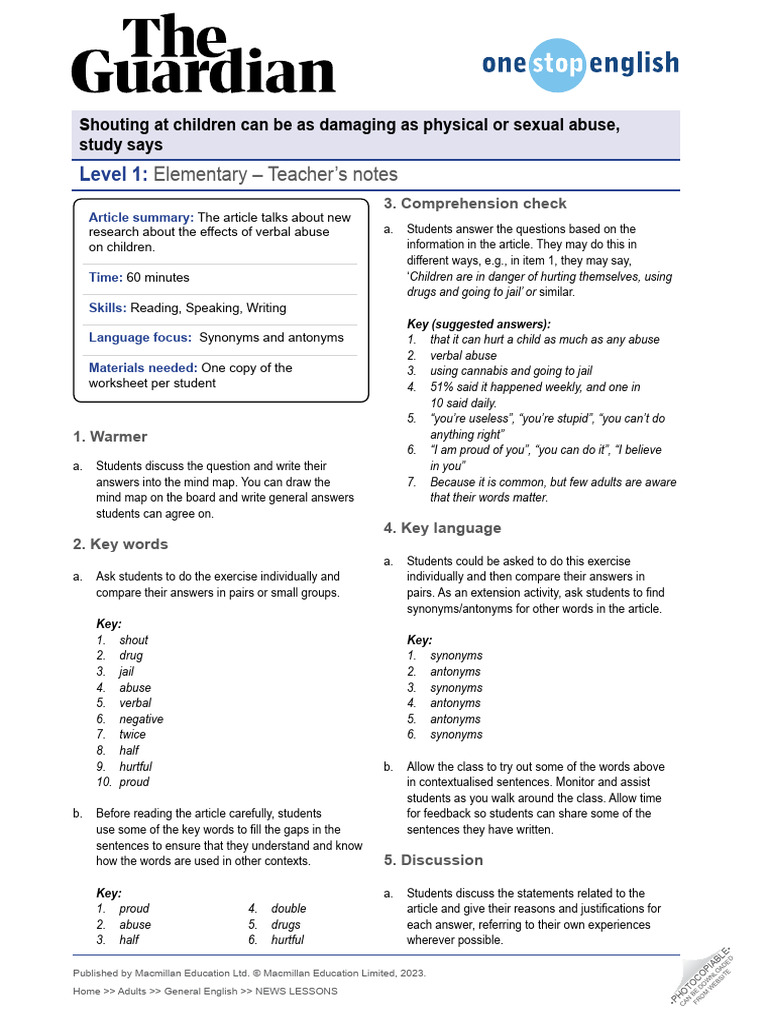 Shouting at Children—Elementary Teacher's Notes | PDF | Learning ...