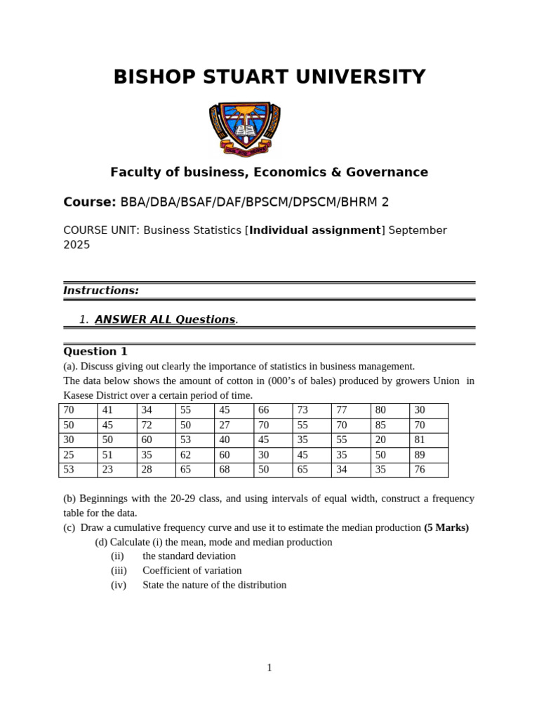 BSU - Business Statistics Assignment September, 2025 | PDF ...