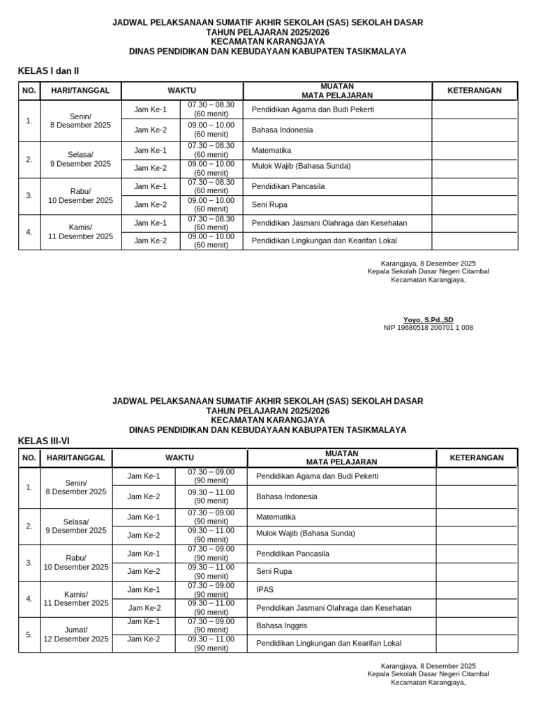 Jadwal SAS SD Karangjaya 2025/2026 | PDF