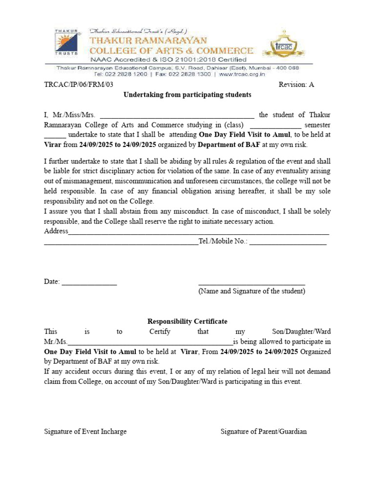 Undertaking Form - Amul | PDF