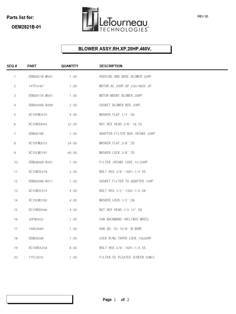 20HP Blower Assembly Parts List | PDF | Washer (Hardware) | Mechanical ...