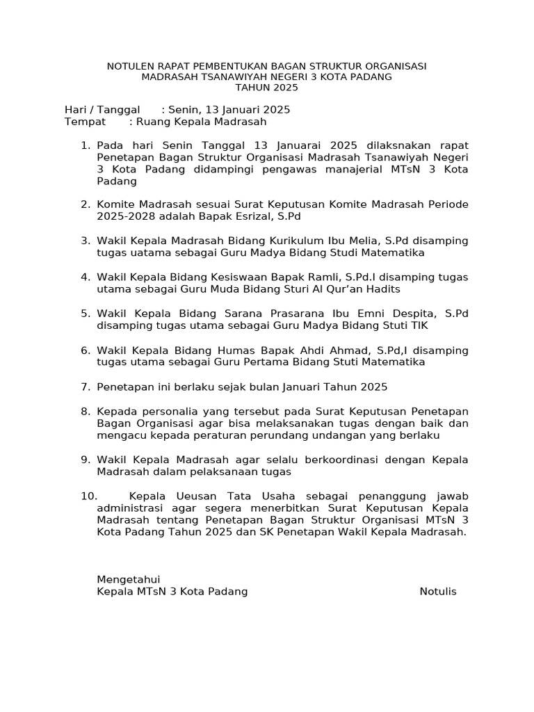 Notulen Rapat Pembentukan Bagan Struktur Organisasi | PDF