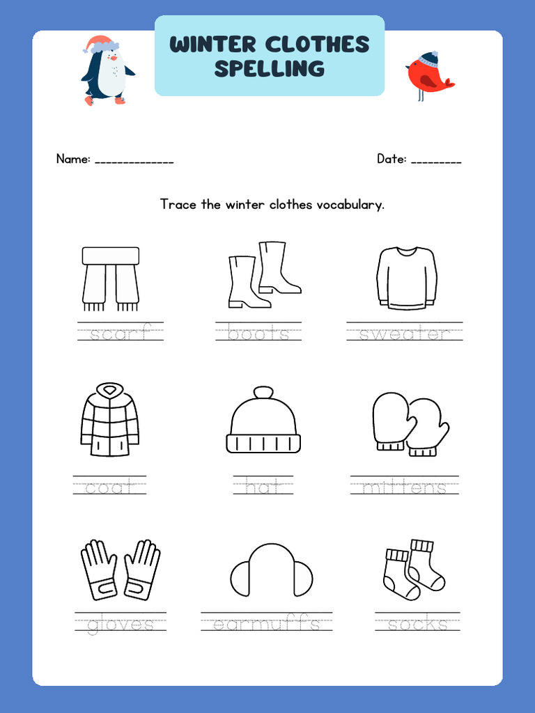 Blue Winter Clothes Vocabulary Writing Worksheet | PDF
