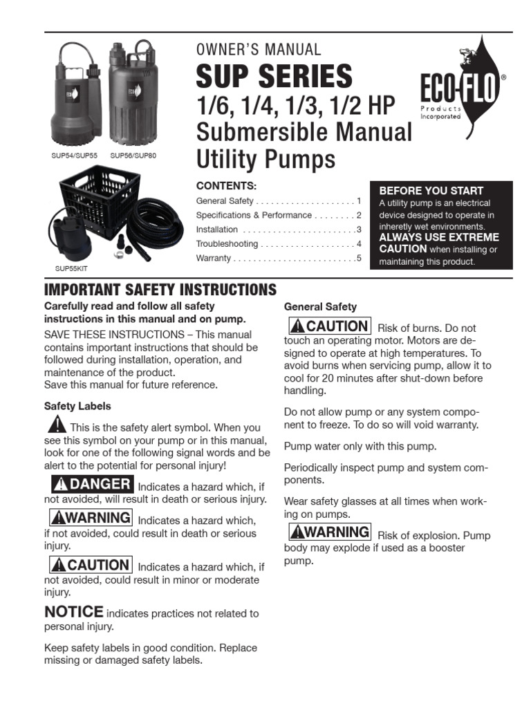 ECO FLO 103506645 Owners User Manual | PDF | Electrical Connector | Pump