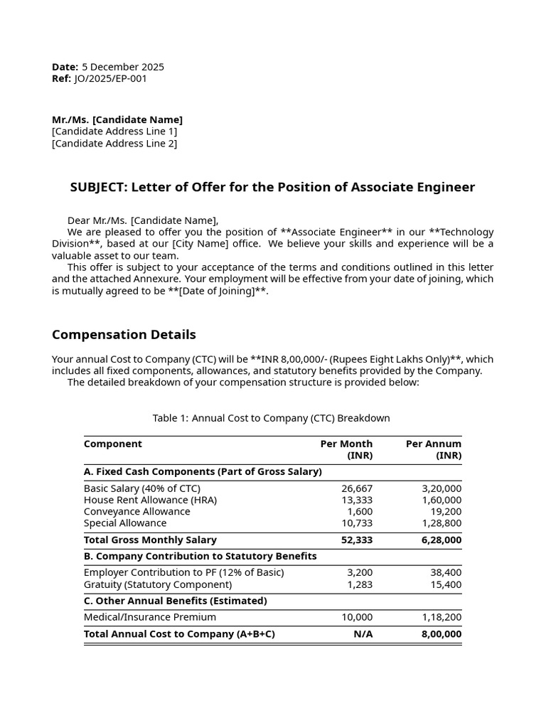 Associate Engineer Job Offer Letter | PDF | Salary | Gratuity