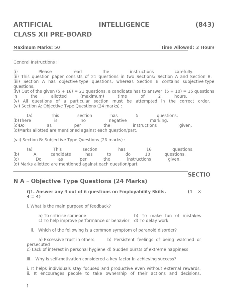 Class XII AI Pre-Board Exam Paper | PDF | Machine Learning | Artificial ...