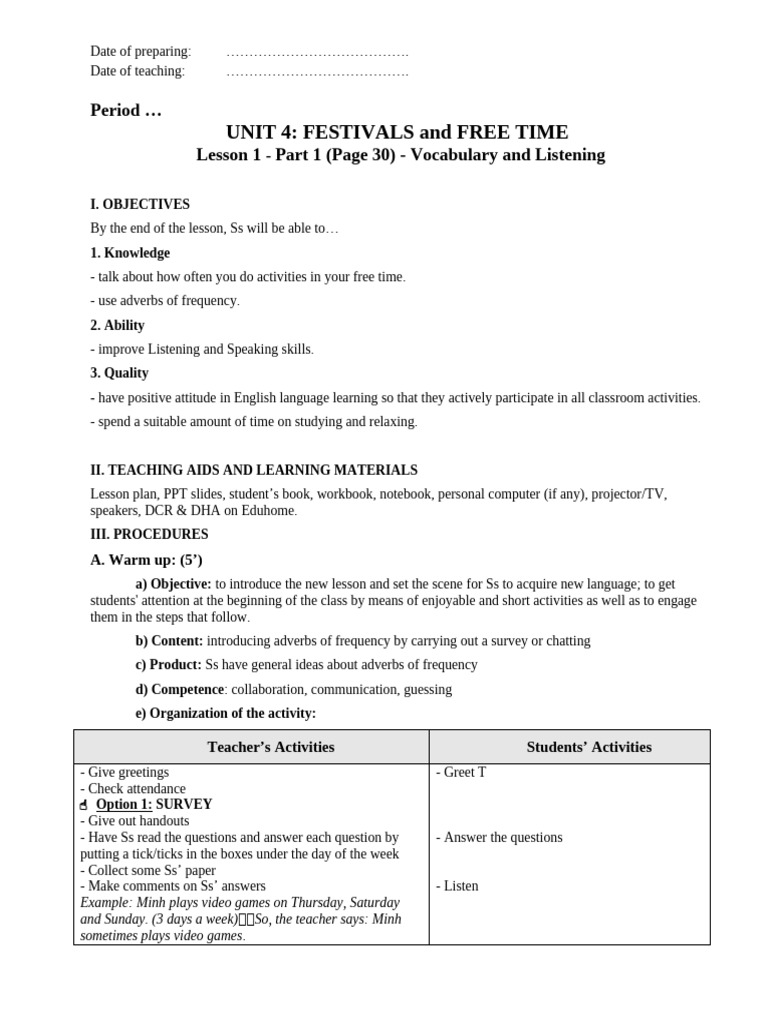UNIT 4 - LESSON 1 - PART 1 - Vocabulary and Listening | PDF | Verb ...