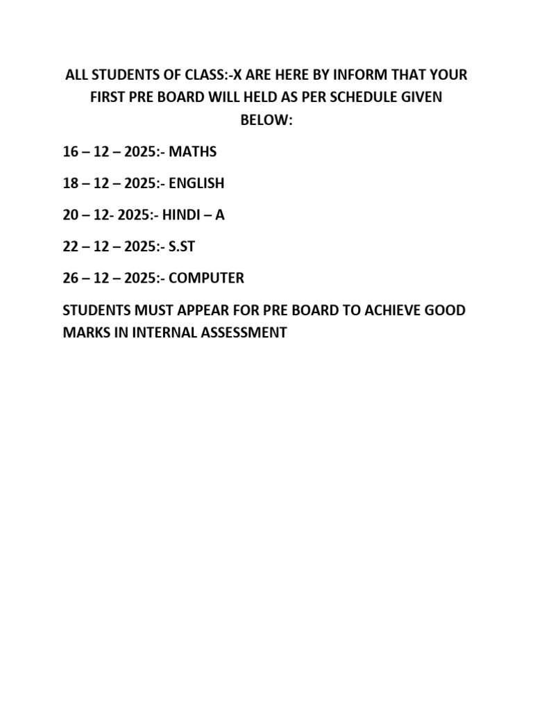 All Students of Class x Pre Board Time Table | PDF