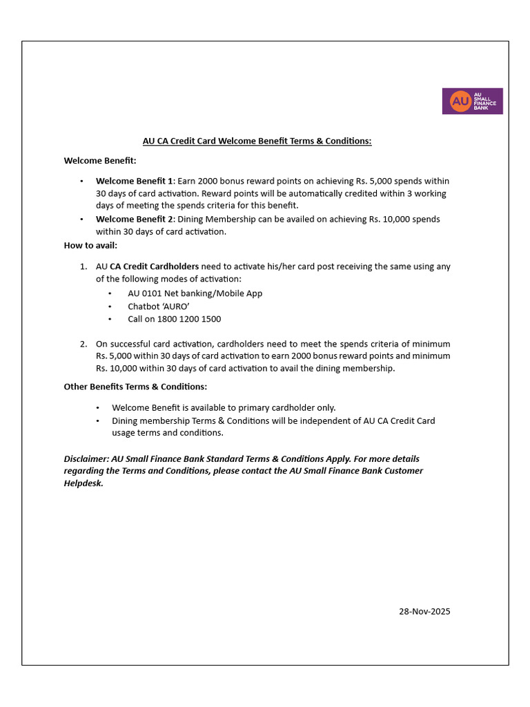 CA Card Welcome Benefits Terms and Conditions | PDF