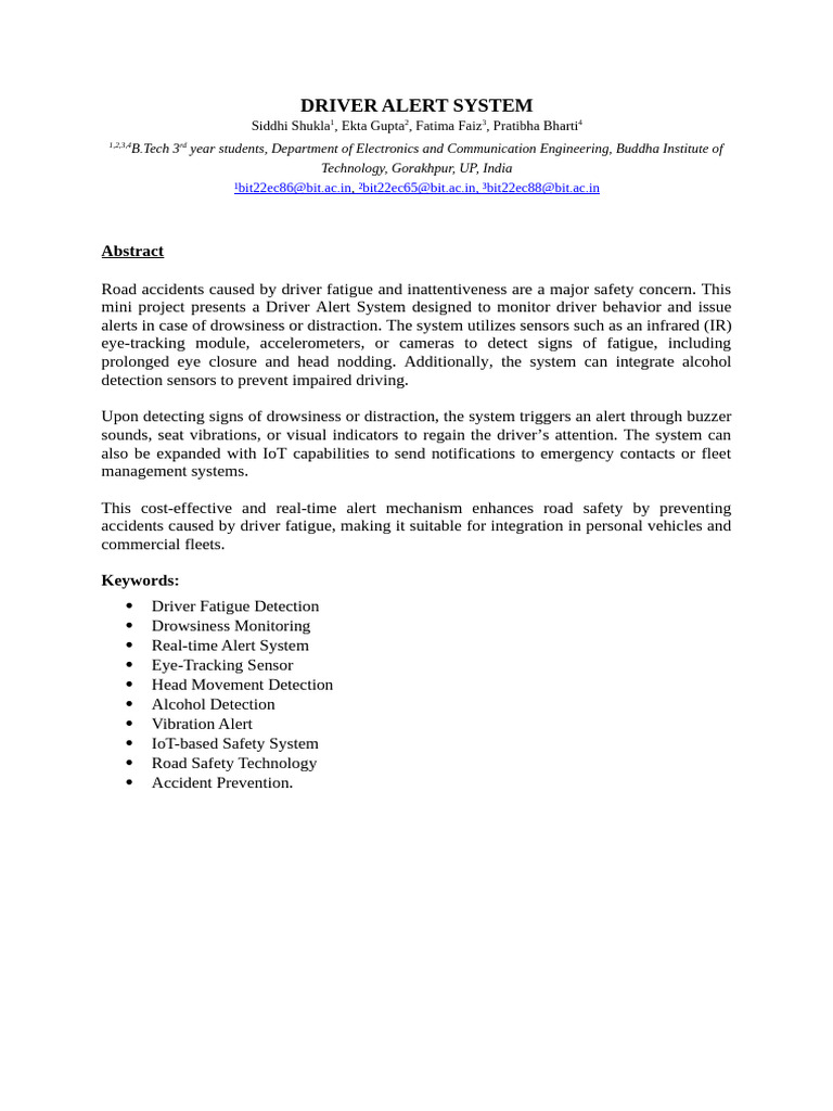 Driver Alert System for Road Safety | PDF