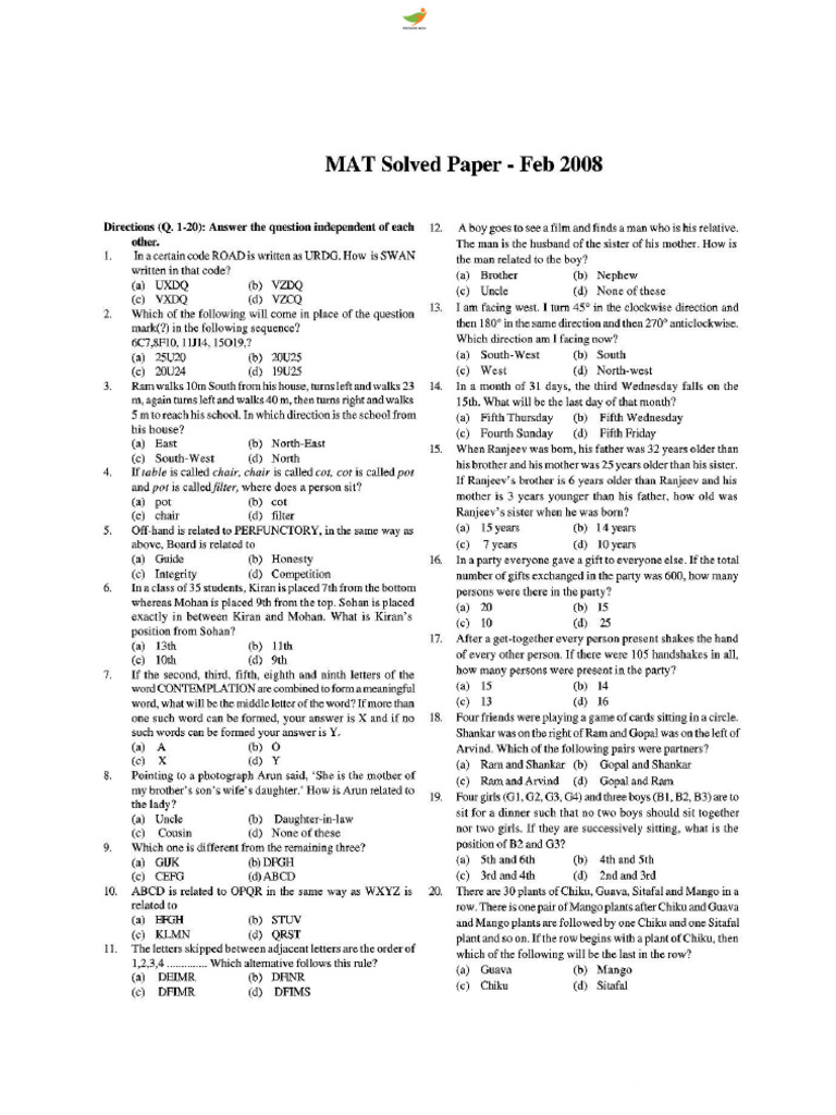 MAT 2008 Previous Paper | PDF