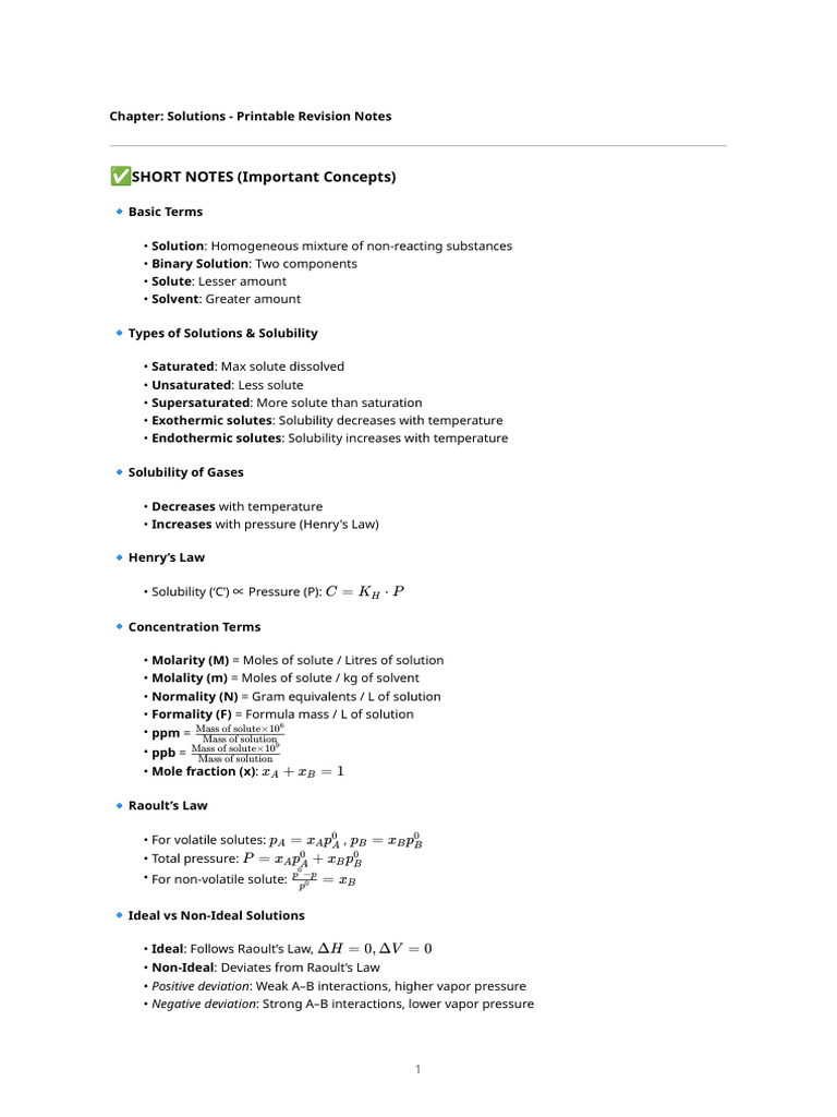 Solutions Notes Formulas | PDF | Solubility | Homogeneous Chemical Mixtures