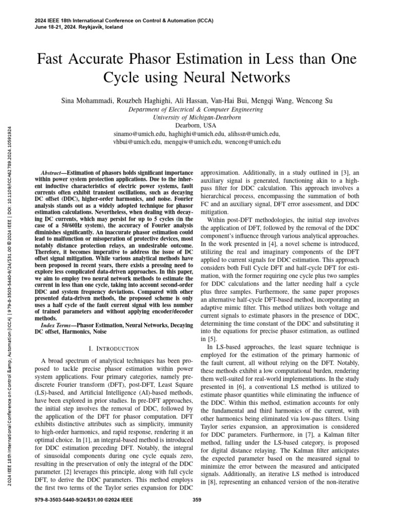 Fast Accurate Phasor Estimation in Less Than One Cycle Using Neural ...
