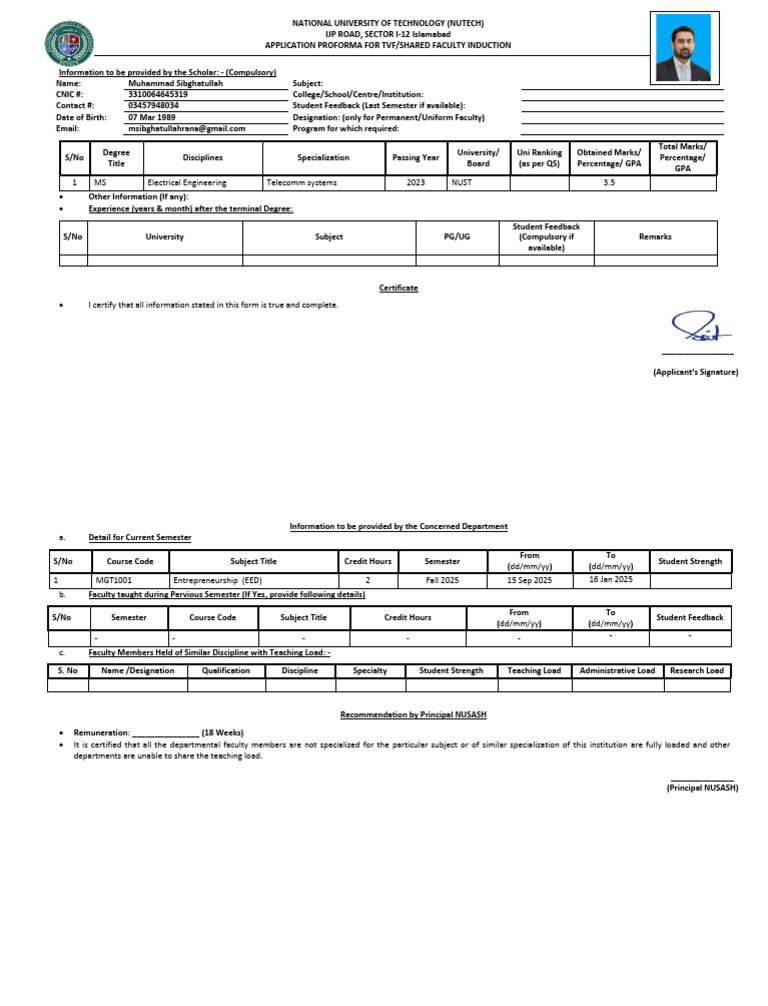 NUTECH Faculty Induction Application Form | PDF | Course Credit ...