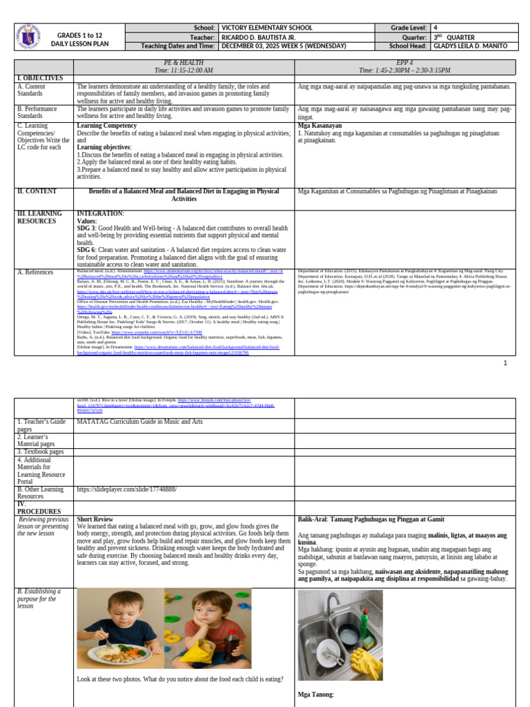Balanced Meal and Health Lesson Plan | PDF | Healthy Diet | Foods