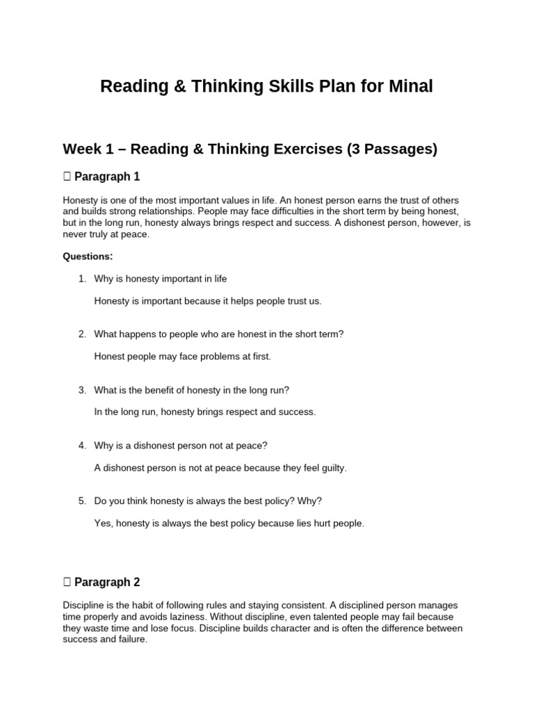 Reading & Thinking Skills Development Plan | PDF | Gratitude | Disciplines