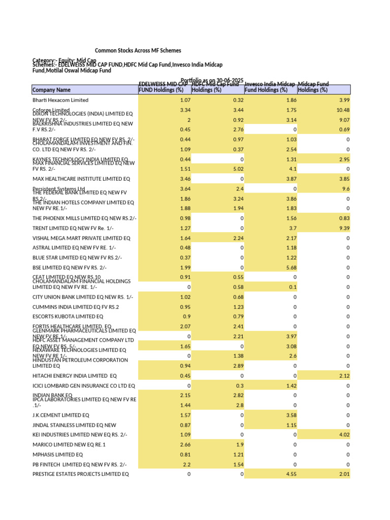 Common Stocks Across MF Schemes Report | PDF | Companies