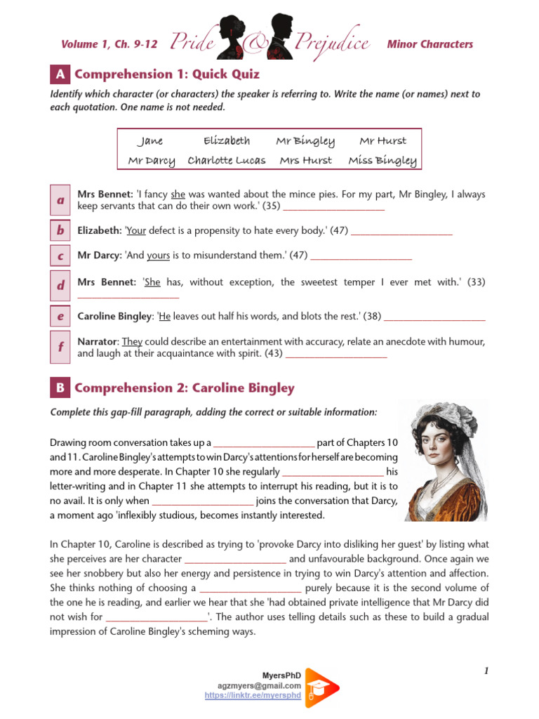 Pride & Prejudice: Comprehension 1: Quick Quiz | PDF | Pride And ...
