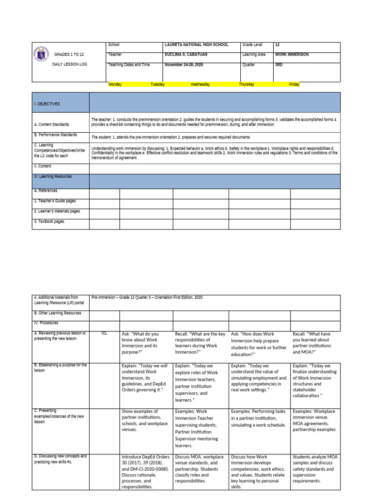 Grade 12 Work Immersion Lesson Plan | PDF | Learning | Teachers