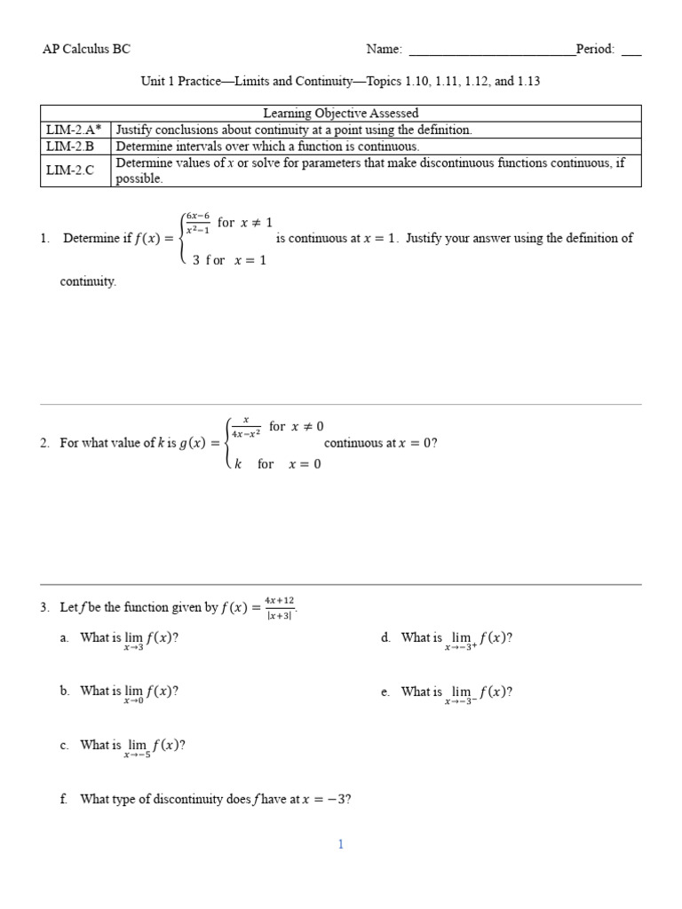 AP Calculus BC Limits & Continuity Practice | PDF | Continuous Function ...