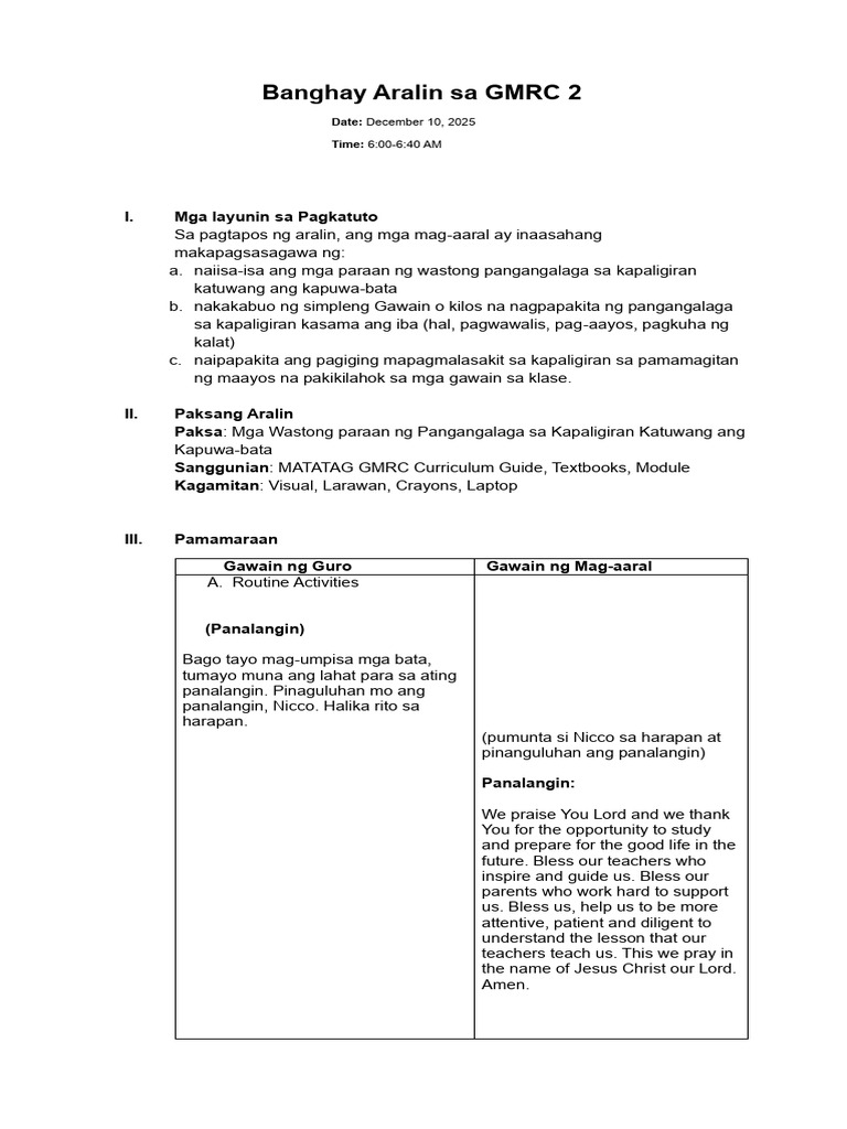 Not Colored GMRC Lesson Plan | PDF