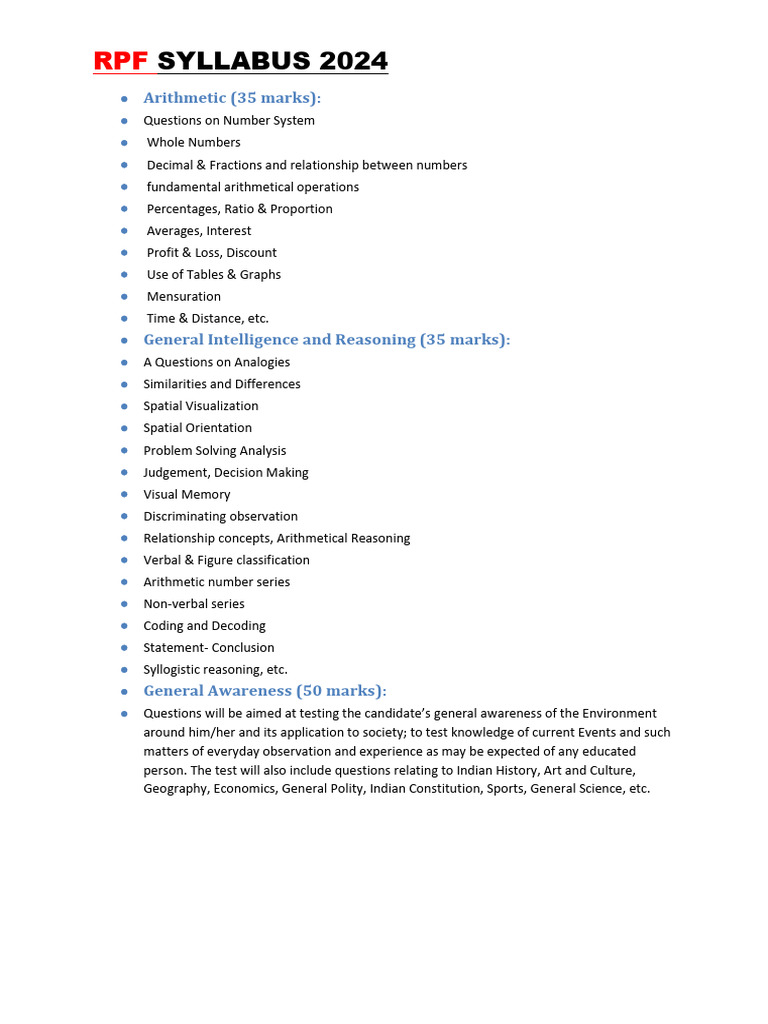 RPF Syllabus 2024 Overview | PDF