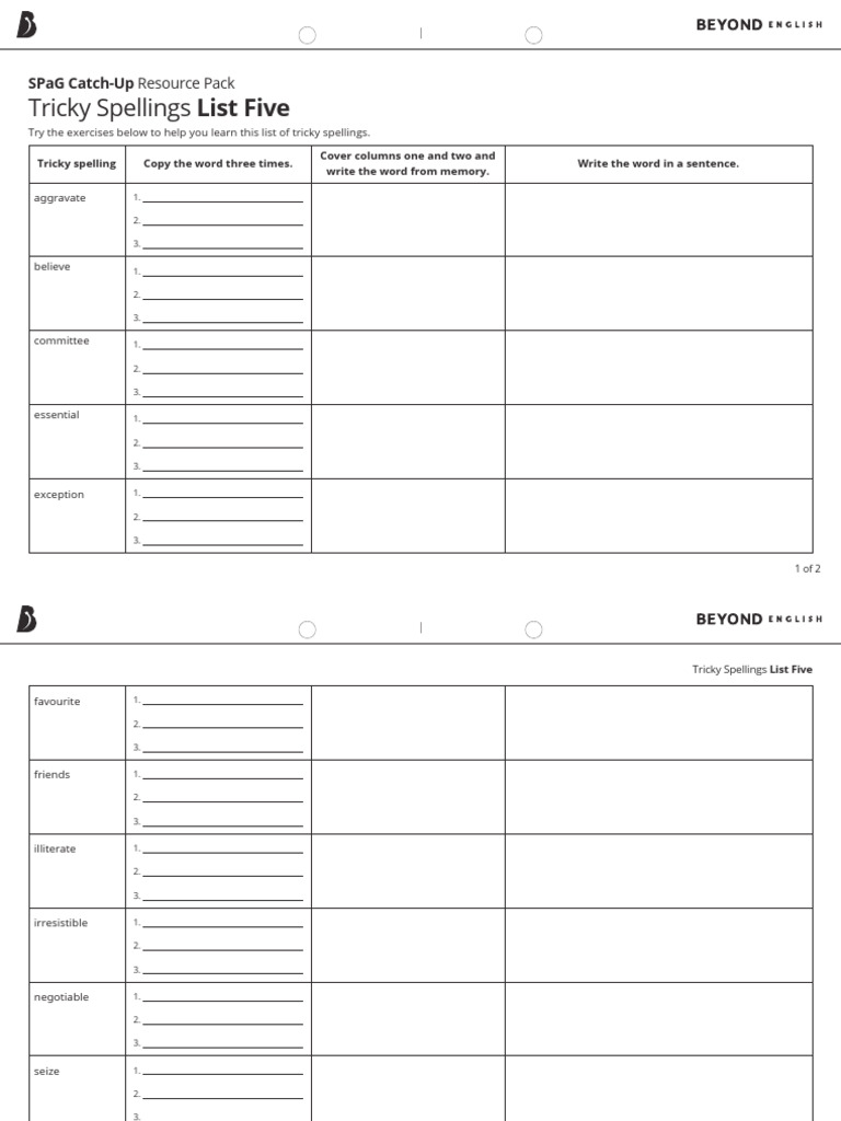 Tricky Spelling List Five - Learning Activity Sheet | PDF
