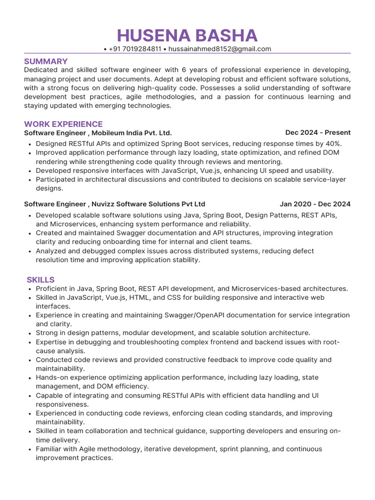 Husena Basha Software Engineer | PDF | Software Development | Information Technology