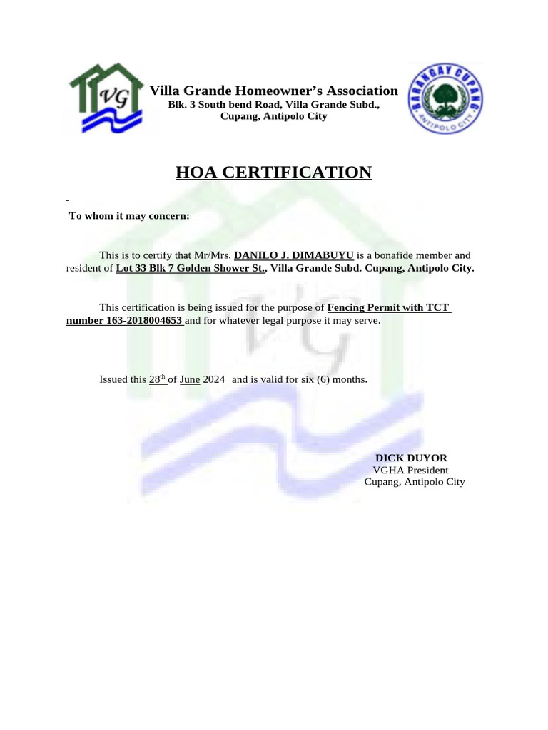 Villa Grande HOA Certification Letter | PDF