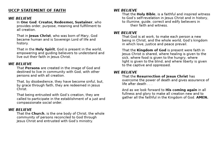 UCCP Statement of Faith for Confirmation Class | PDF | God In ...