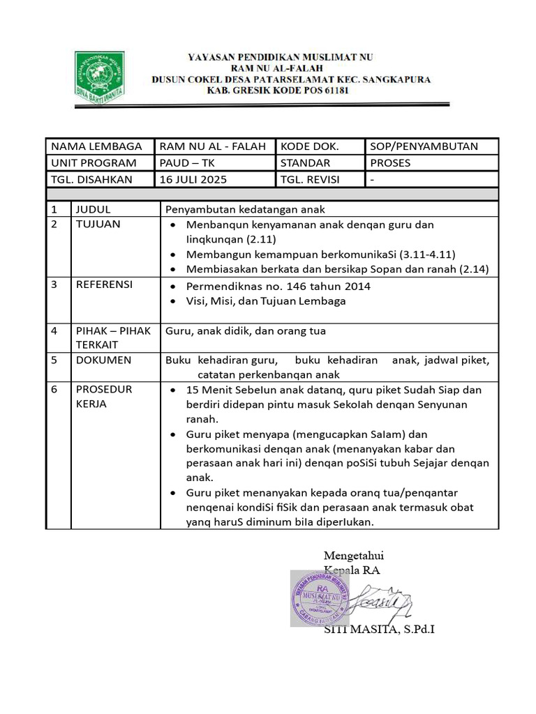 7. SOP KEDATANGAN ANAKK & KEPULANGAN ANAK | PDF