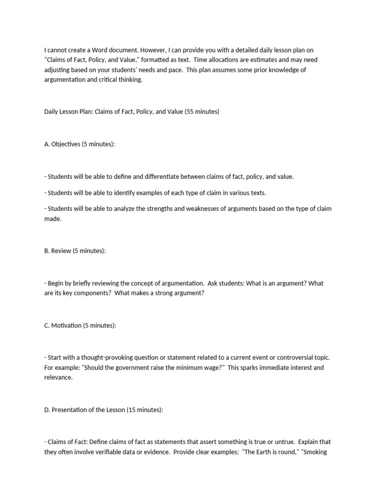 Daily Lesson Plan: Claims of Fact, Policy, Value | PDF | Argument | Policy