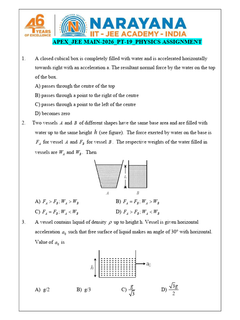 Apex Jeemain 2026 Physics Pt-19 Assignment f | PDF | Pressure | Viscosity