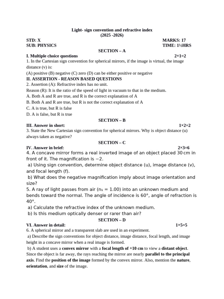 10th Light Sign Convention and Refractive Index Test Paper | PDF ...