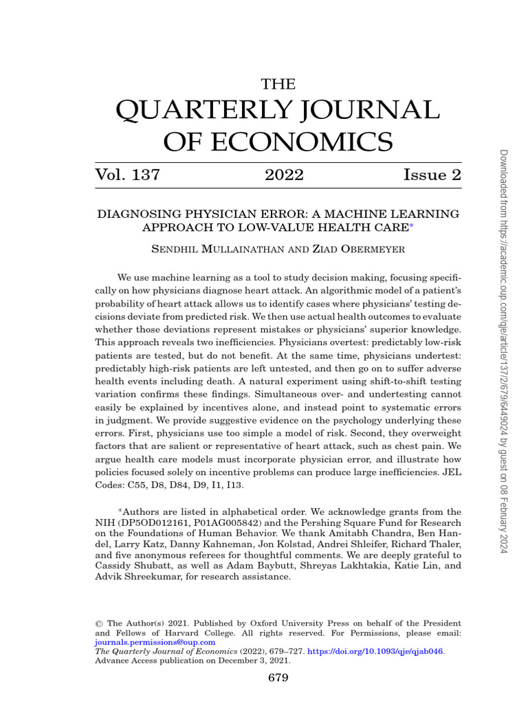 Mullainathan and Obermeyer QJE 2021 -- Diagnosing Physician Error- A ...
