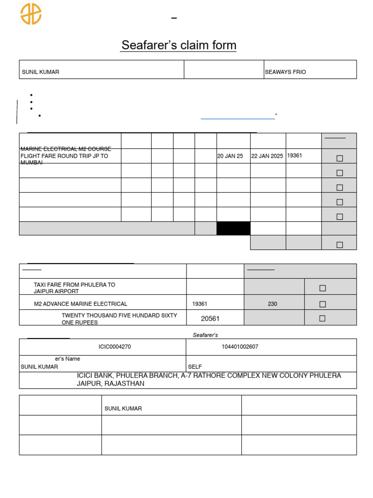 AE-MHR 36 - Seafarer's Claims Form 2 | PDF