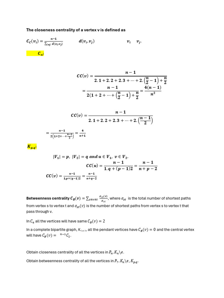 Closeness and Betweenness Centrality Formulas | PDF