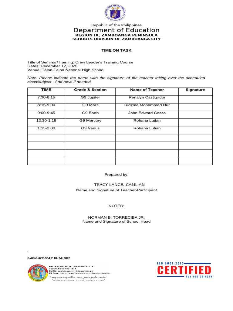Template of Schedule TIME ON TASK | PDF | Terrestrial Planets | Natural ...
