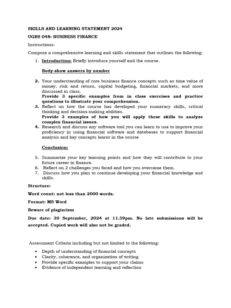 Business Finance Skills Statement 2024 | PDF