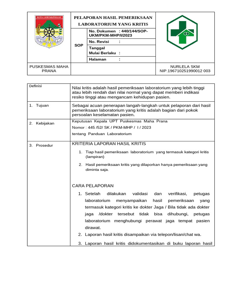 SOP Pelaporan Hasil Laboratorium Kritis | PDF