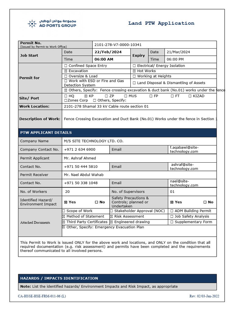 Land Excavation PTW Application Form | PDF | Hazards | Fires